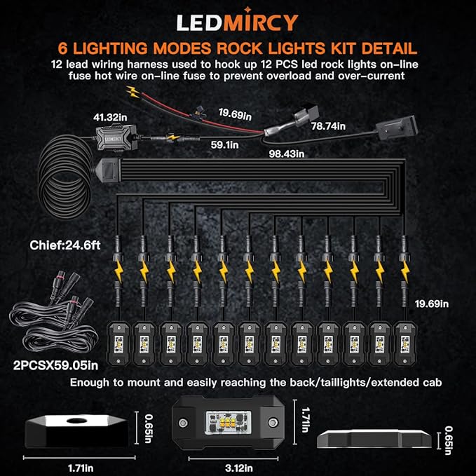 LEDMIRCY Switchback Rock Lights Kit White & Amber Strobe Rock Lights 12 ...