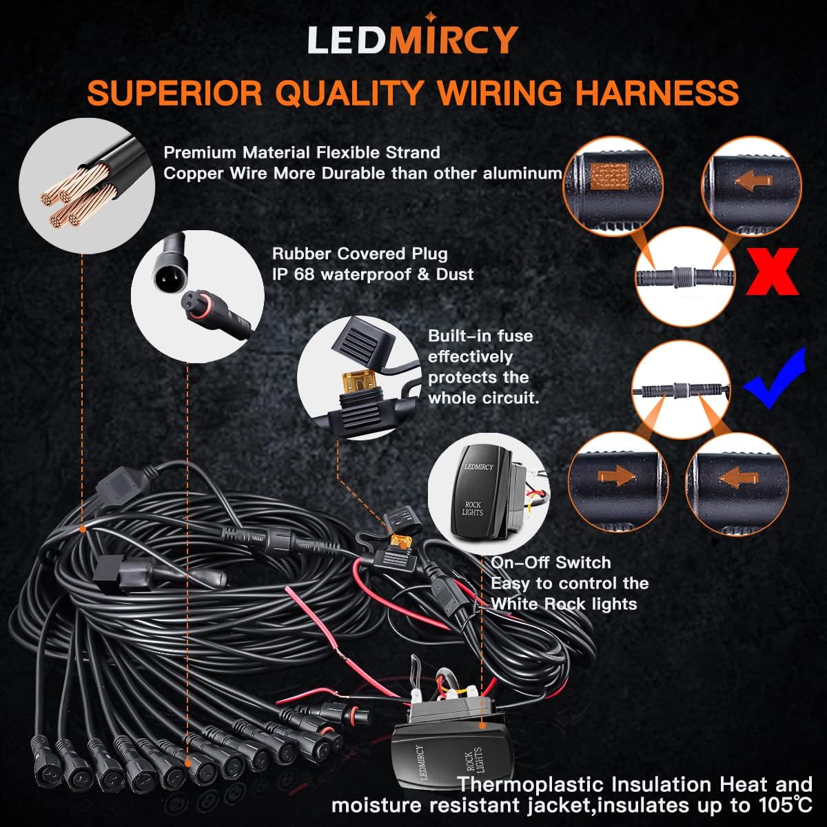 R1 Pure White LED Rock Lights Kit with Rocker Switch Wire Harness 12PCS ...