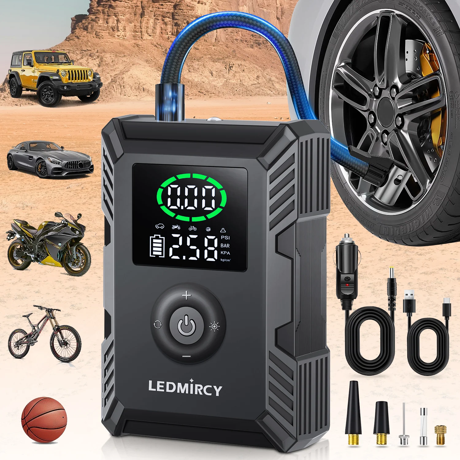 LEDMIRCY T2 Portable Tire Inflator – 150PSI 12V DC Air Compressor with ...