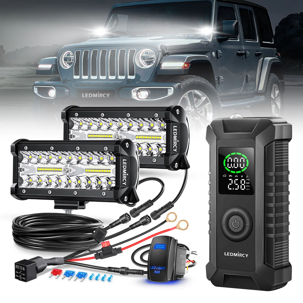 T1 Portable Tire Inflator + 7-Inch LED Light Bar Kit with Rocker Switch ...