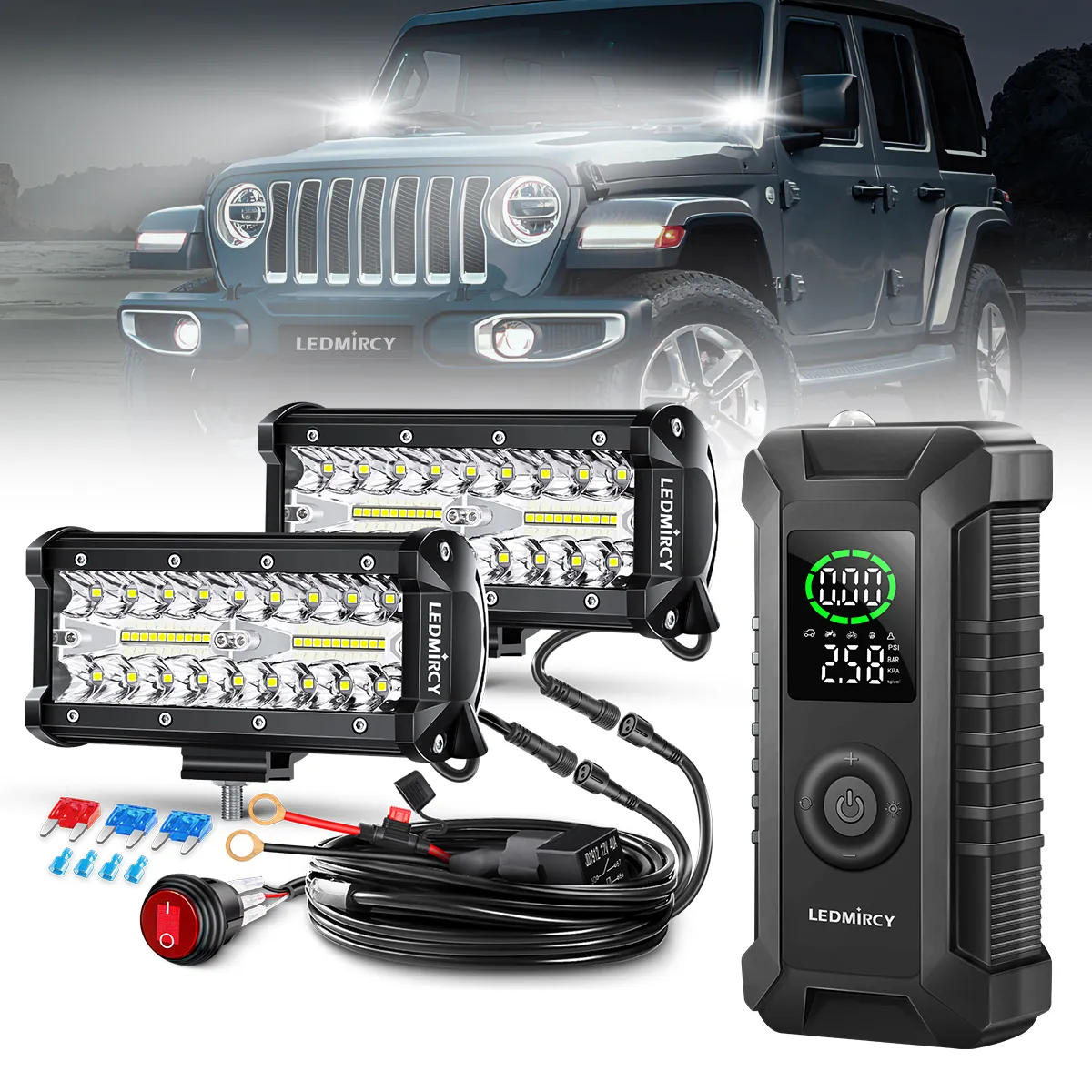 T1 Portable Tire Inflator + 7-Inch LED Light Bar Kit with Round Toggle ...