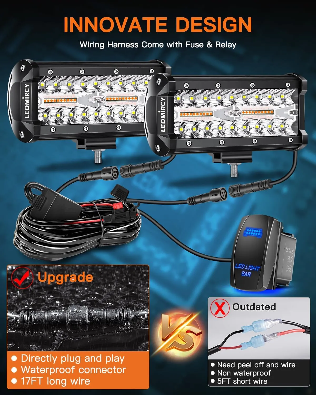 7 Inch LED Light Bar Kit with Rocker Switch 6 Modes White Amber ...